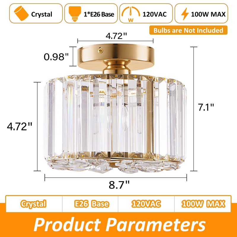 Mercer41 Gold Crystal Chandelier,Semi Flush Mount Ceiling Light Fixtures | Wayfair